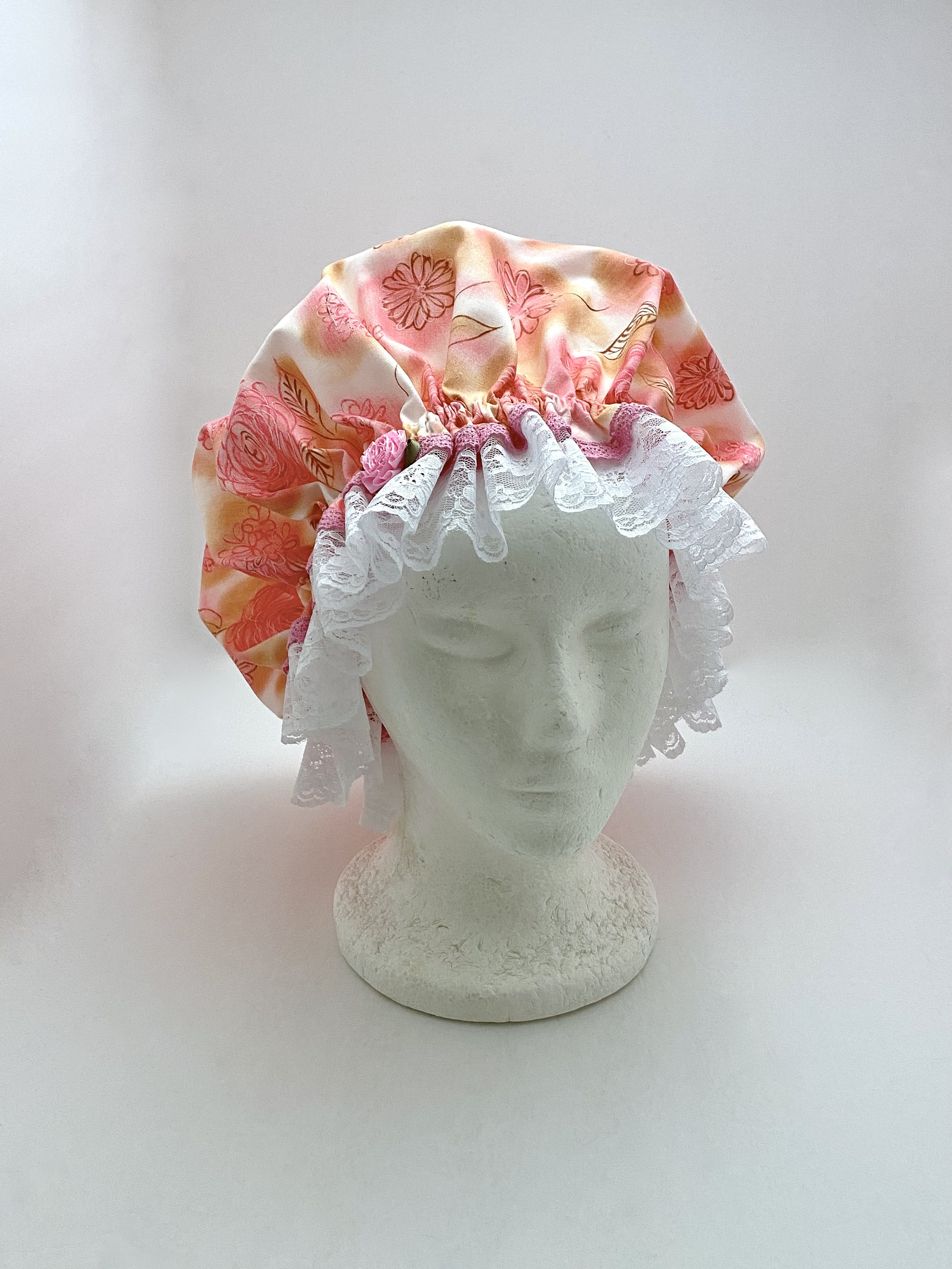 Pink & Coral Floral Print Cotton Mob Cap for Historical Cosplay W/white ...