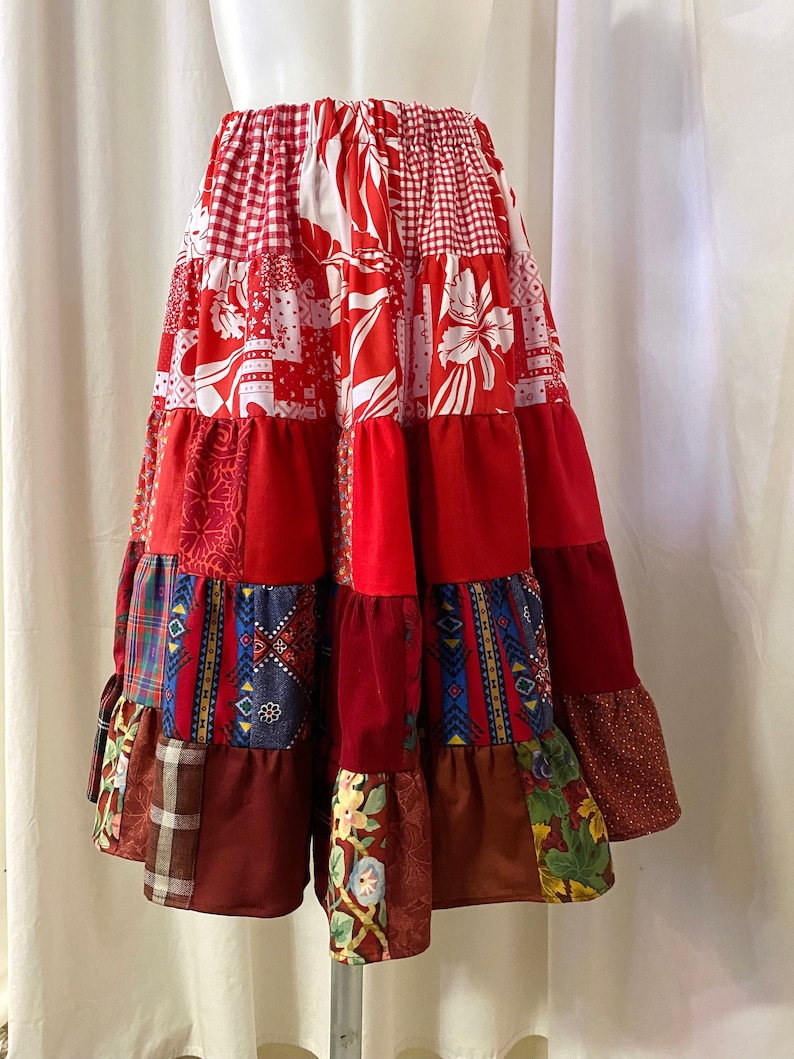 Boho Patchwork Cotton Skirt in Red Tones W/five Ruffled Tiers, Below ...