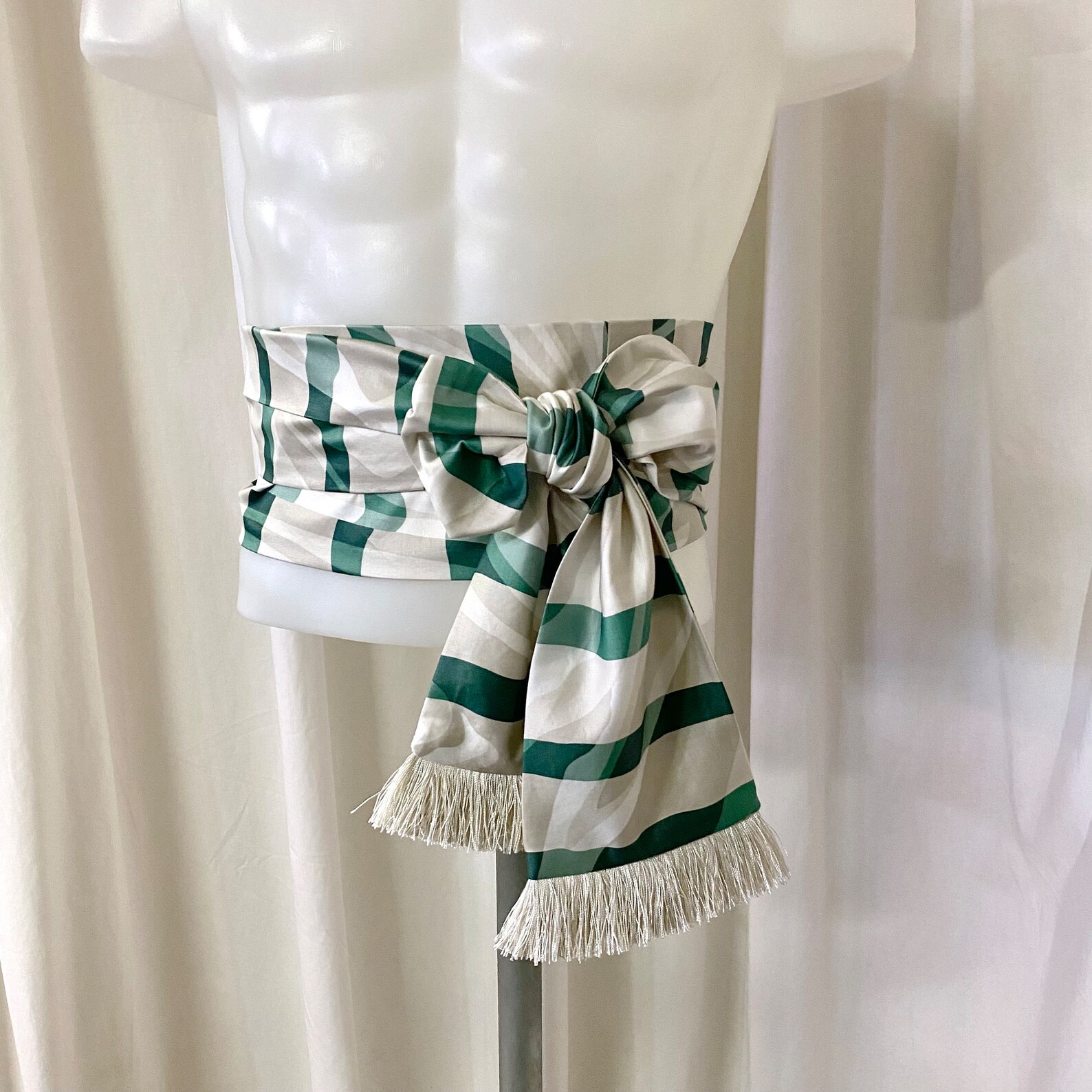 Striped Sash or Tie Belt in Off-white Green & Taupe Cotton W/off-white ...