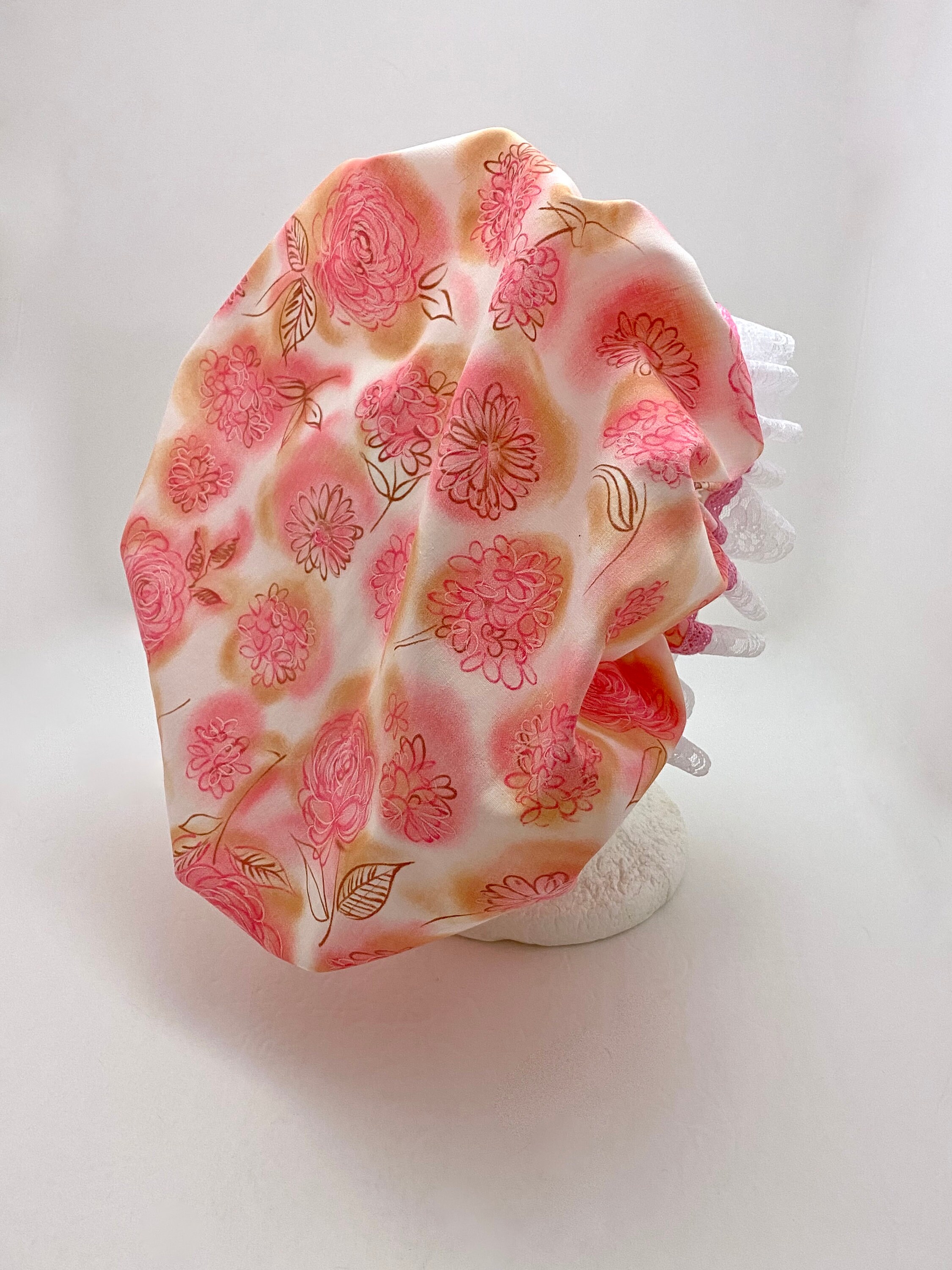 Pink & Coral Floral Print Cotton Mob Cap for Historical Cosplay W/white ...