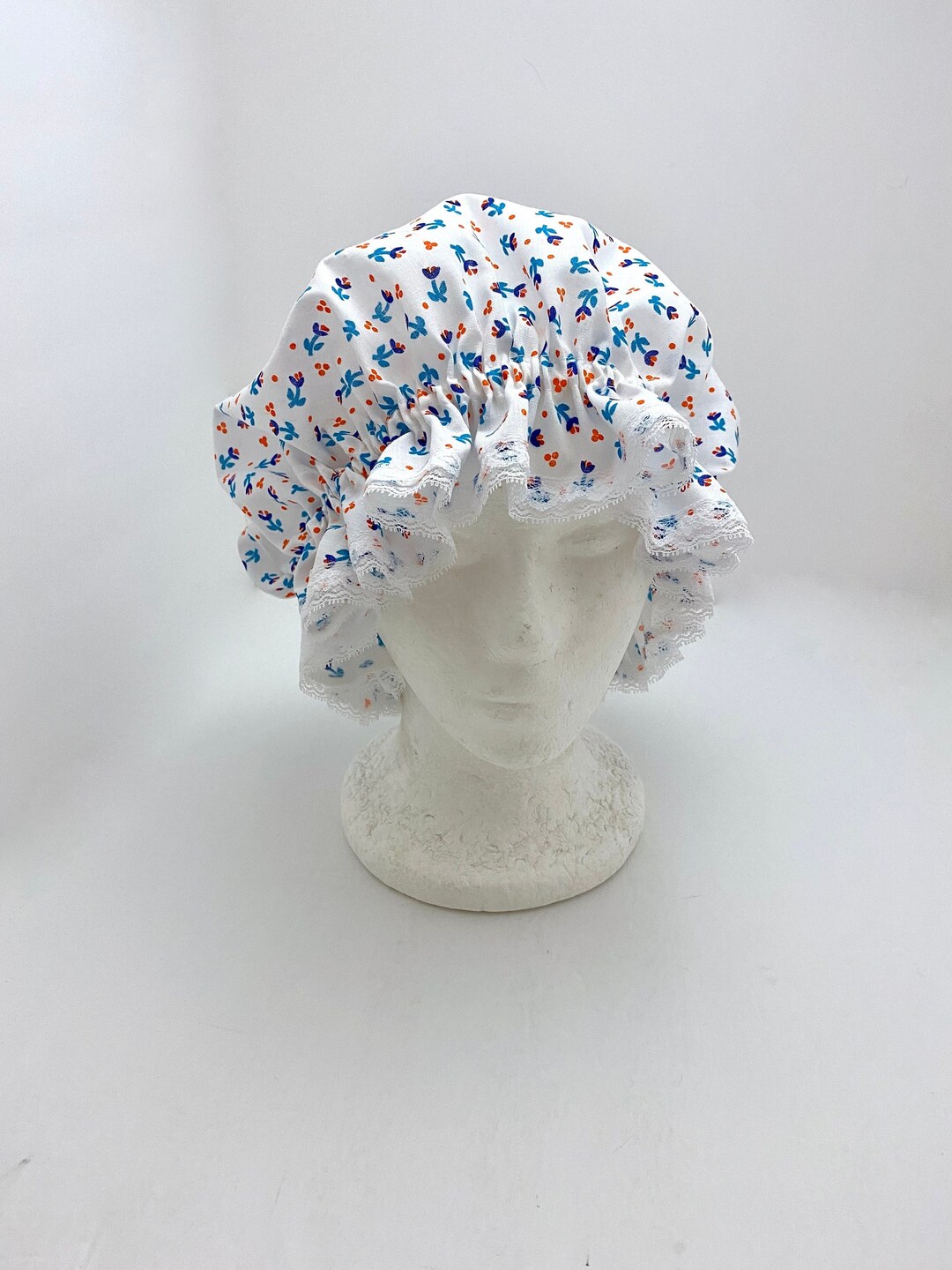 Mop Cap in White Cotton Tiny Flower Print, White Lace Trims and Elastic ...