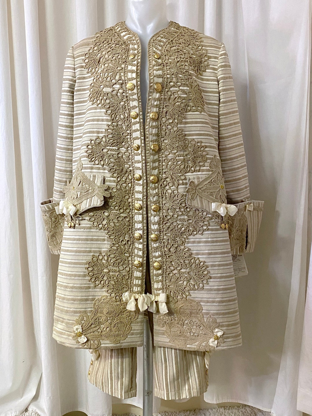 1660s Style Fancy Coat in Beige Stripe W/antique Lace Trim, Pocket ...