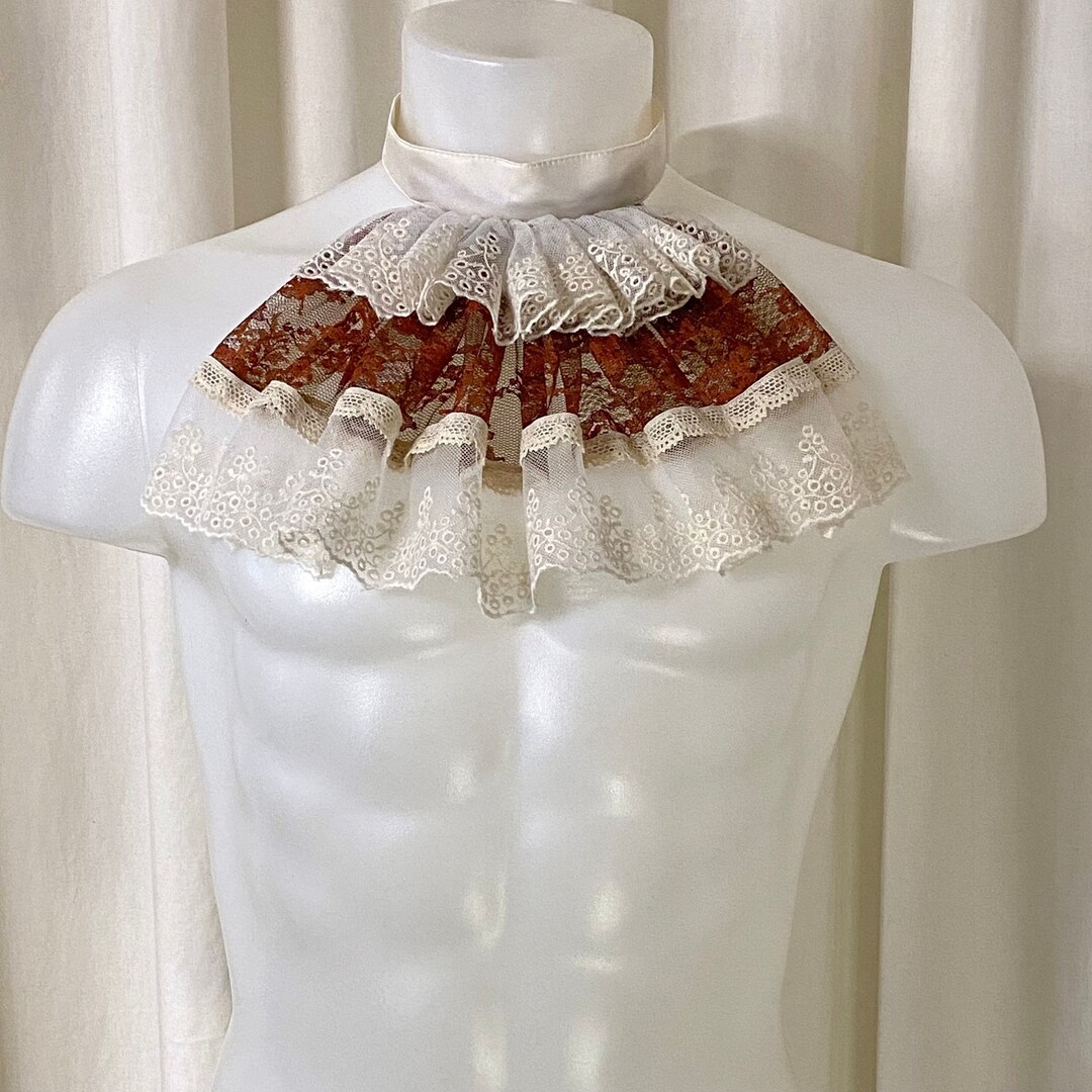 Ivory & Rust Lace 2 Tiered Ascot or Neck Ruffle on an Ivory Silk Satin ...