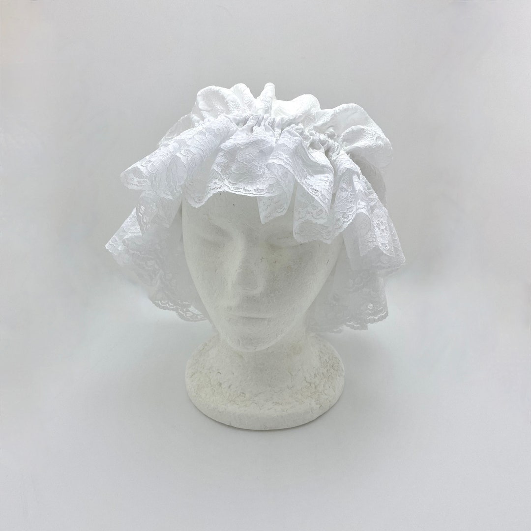 White Mop Cap in Textured Crepe W/white Lace Edgings, Elastic Casing ...