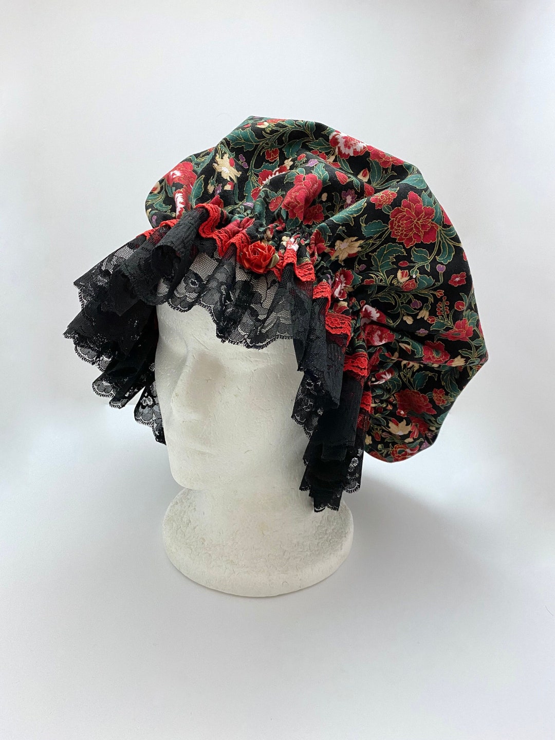 Cotton Mop Cap in Black Red & Green Floral Cotton W/black and Red Lace ...