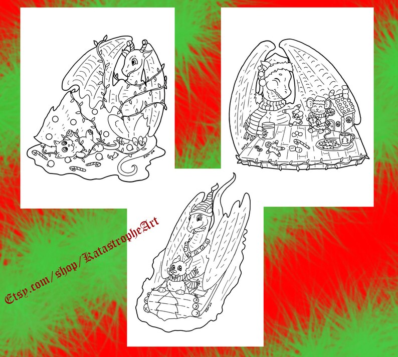 Printable Christmas Dragon Coloring Pages Set 2 - Etsy
