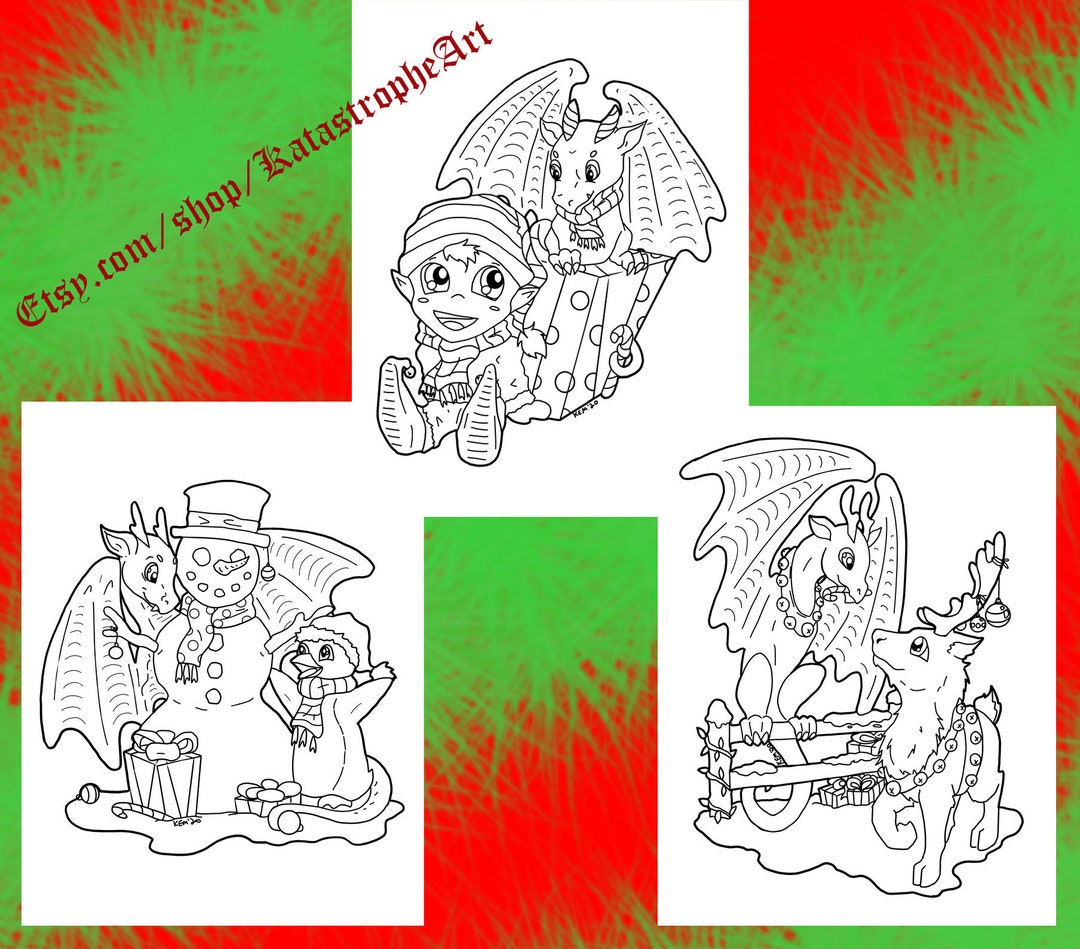 Printable Christmas Dragon Coloring Pages Set 1 - Etsy