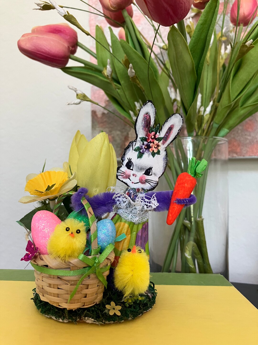 Mini Easter Spring Table or Shelf Decor With Chenille Rabbit and Chicks ...