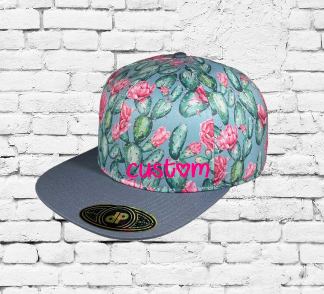 Custom Embroidery Cacti Hat Floral Cactus Bloom Grey Snapback Flat Brim ...