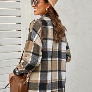 Monogram Plaid Shacket Button Front Brown Tones and Black Shirt Jacket ...