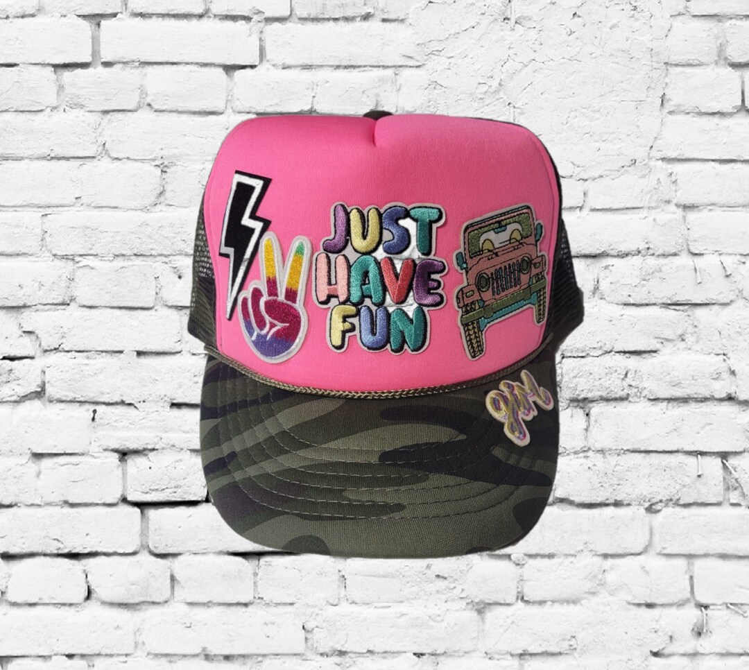 Just Have Fun Patch Trucker Hat Camo Mesh Back Hat Snapback 4X4 Smiley ...