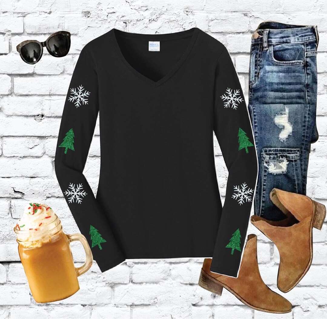 Snowflake and Christmas Tree Sleeves Shirt Ladies Long Sleeve Cute ...