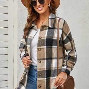 Monogram Plaid Shacket Button Front Brown Tones and Black Shirt Jacket ...