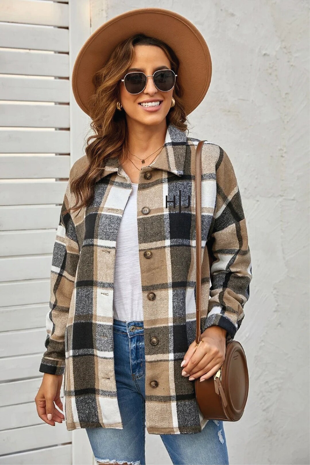 Monogram Plaid Shacket Button Front Brown Tones and Black Shirt Jacket ...