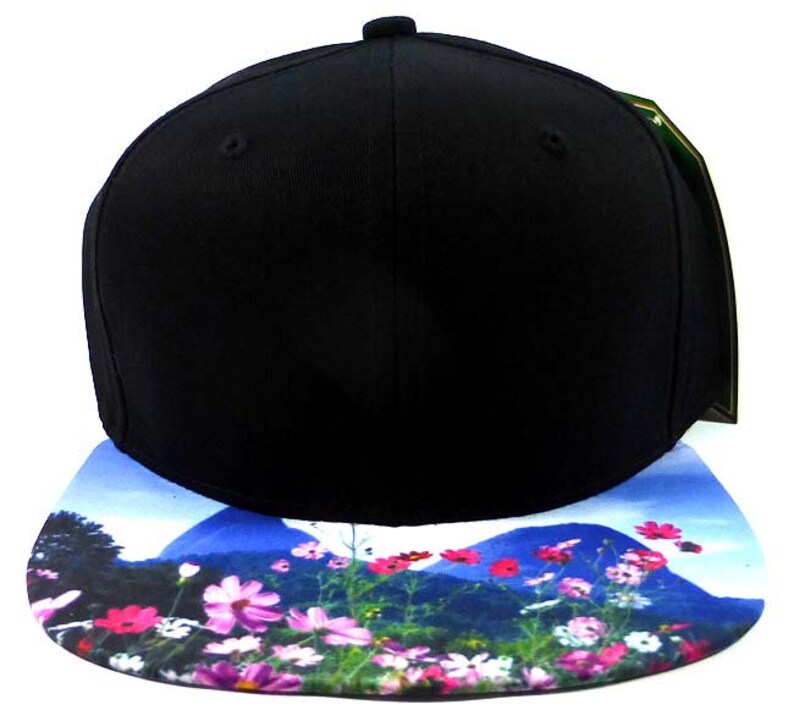 Custom Embroidery Black Snapback Tropical Flower Mountain Range Mt ...
