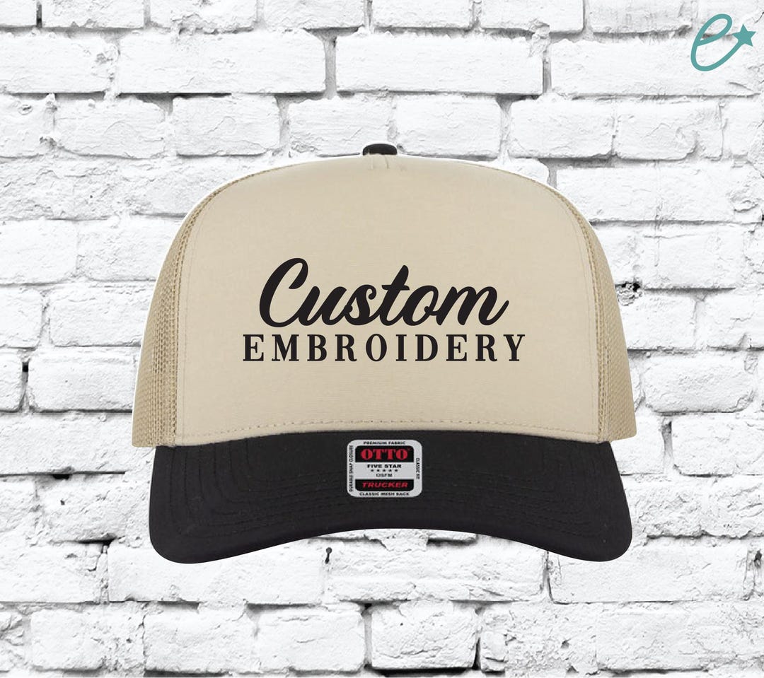 Custom Otto 5 Panel Mid Profile Tan and Black Mesh Back Trucker Hat ...
