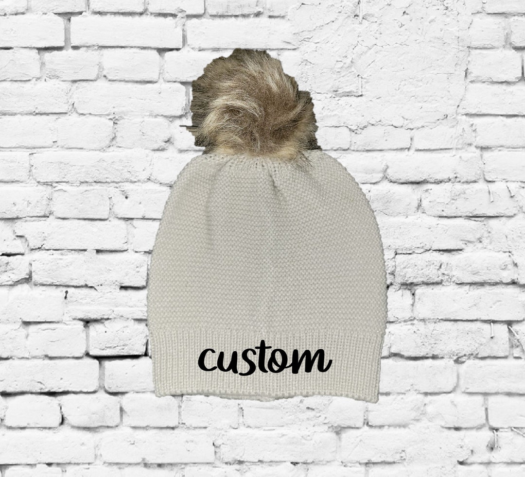 Custom Pom Pom Beanies Tan Fur Knit Hats Monogram Hats Custom ...