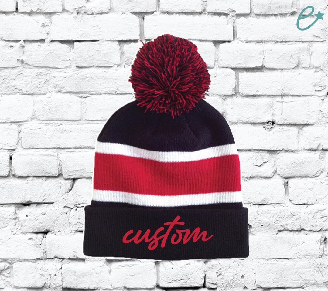 Personalized Pom Pom Beanies Throwback Beanie Skull Cap Custom Red and ...