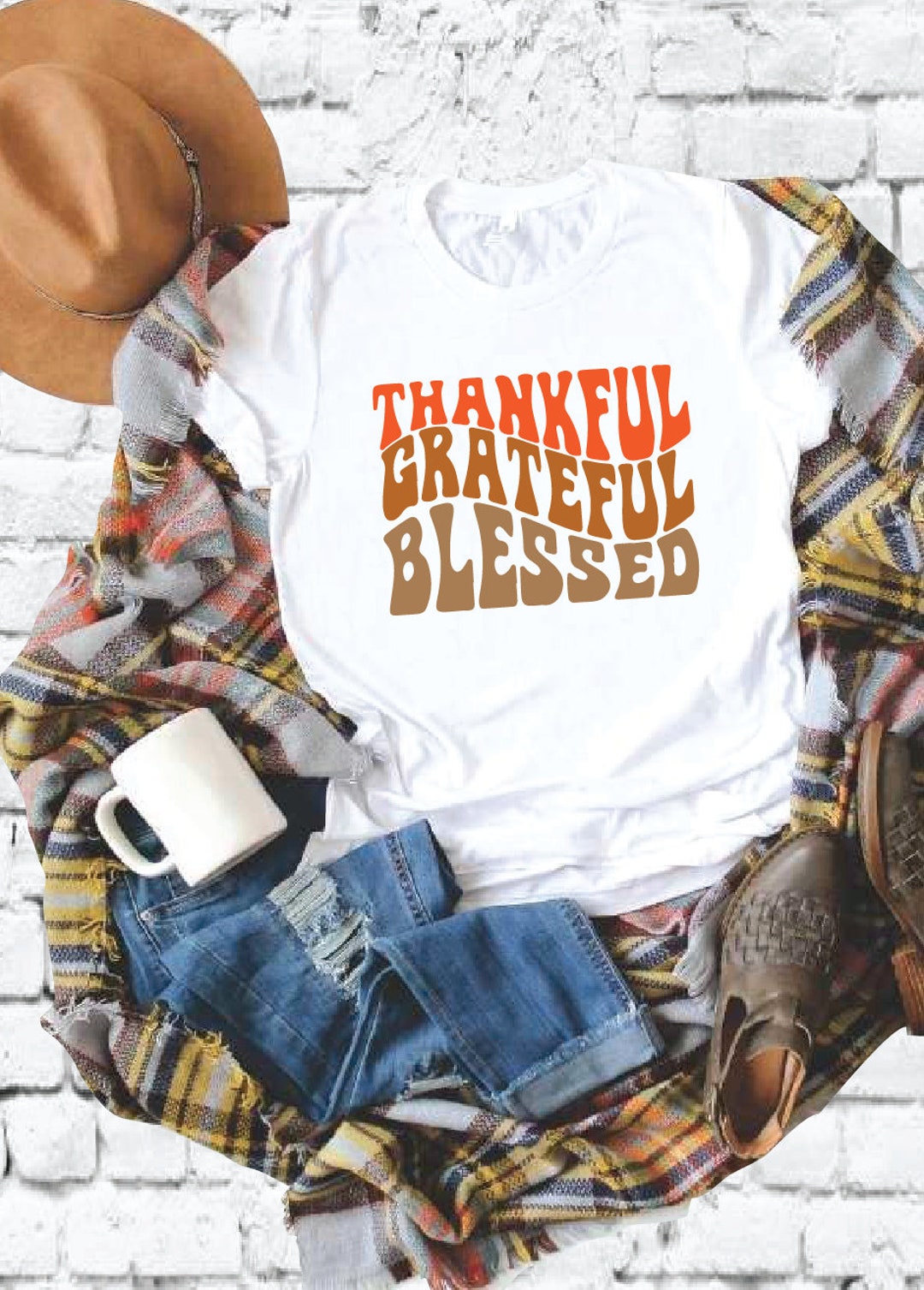 Thankful Grateful Blessed Tee Fall Shirt Thanksgiving Top Graphic T