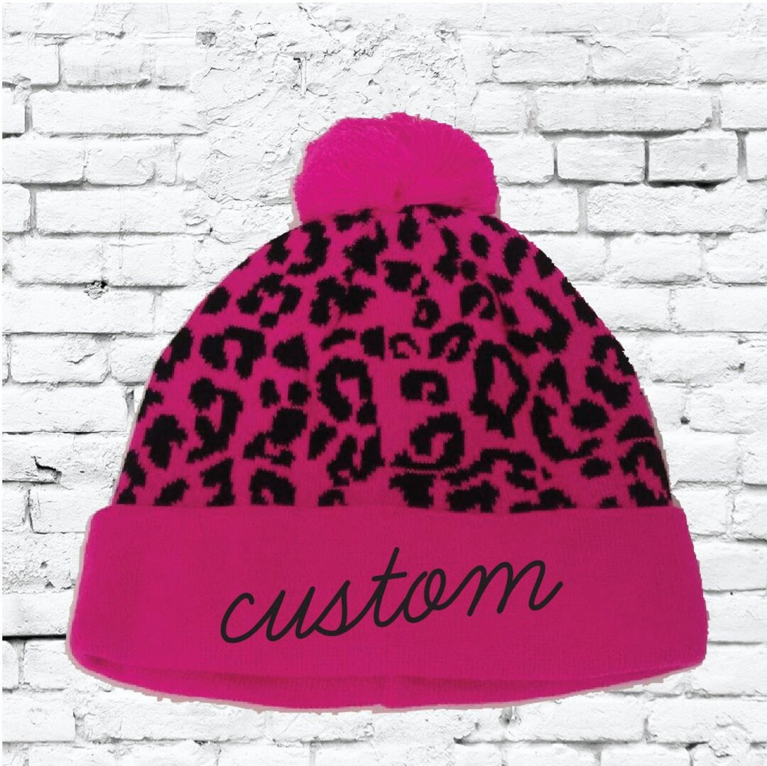 Personalized Pink Leopard Pom Pom Beanies Throwback Beanie Skull Cap ...