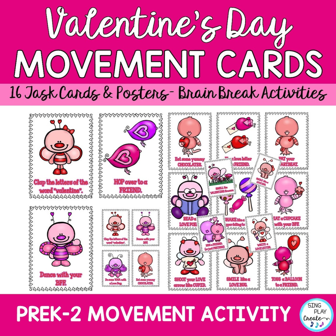 Valentine's Day Movement Task Cards, Brain Break Activity, Movement ...