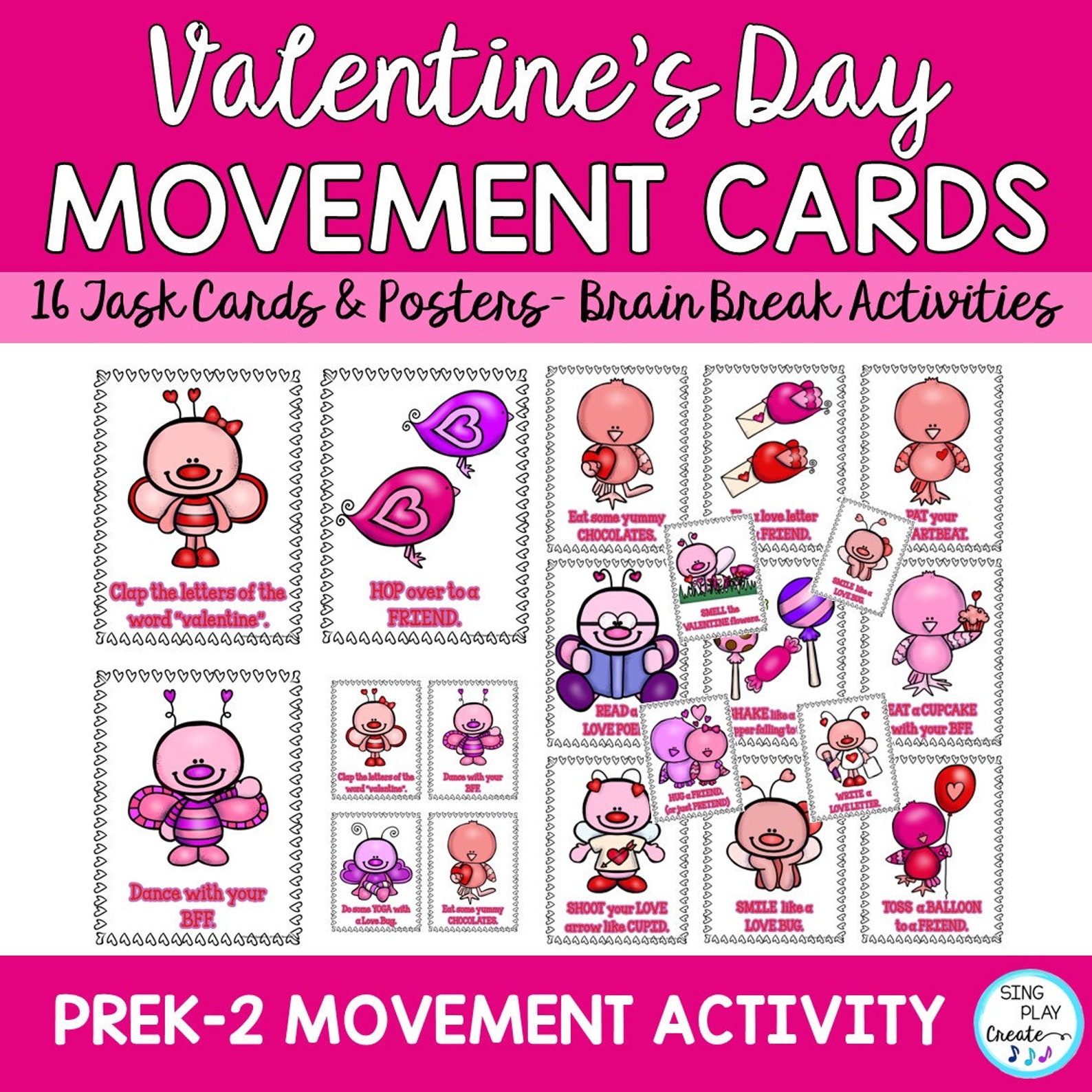 Valentine's Day Movement Task Cards, Brain Break Activity, Movement ...