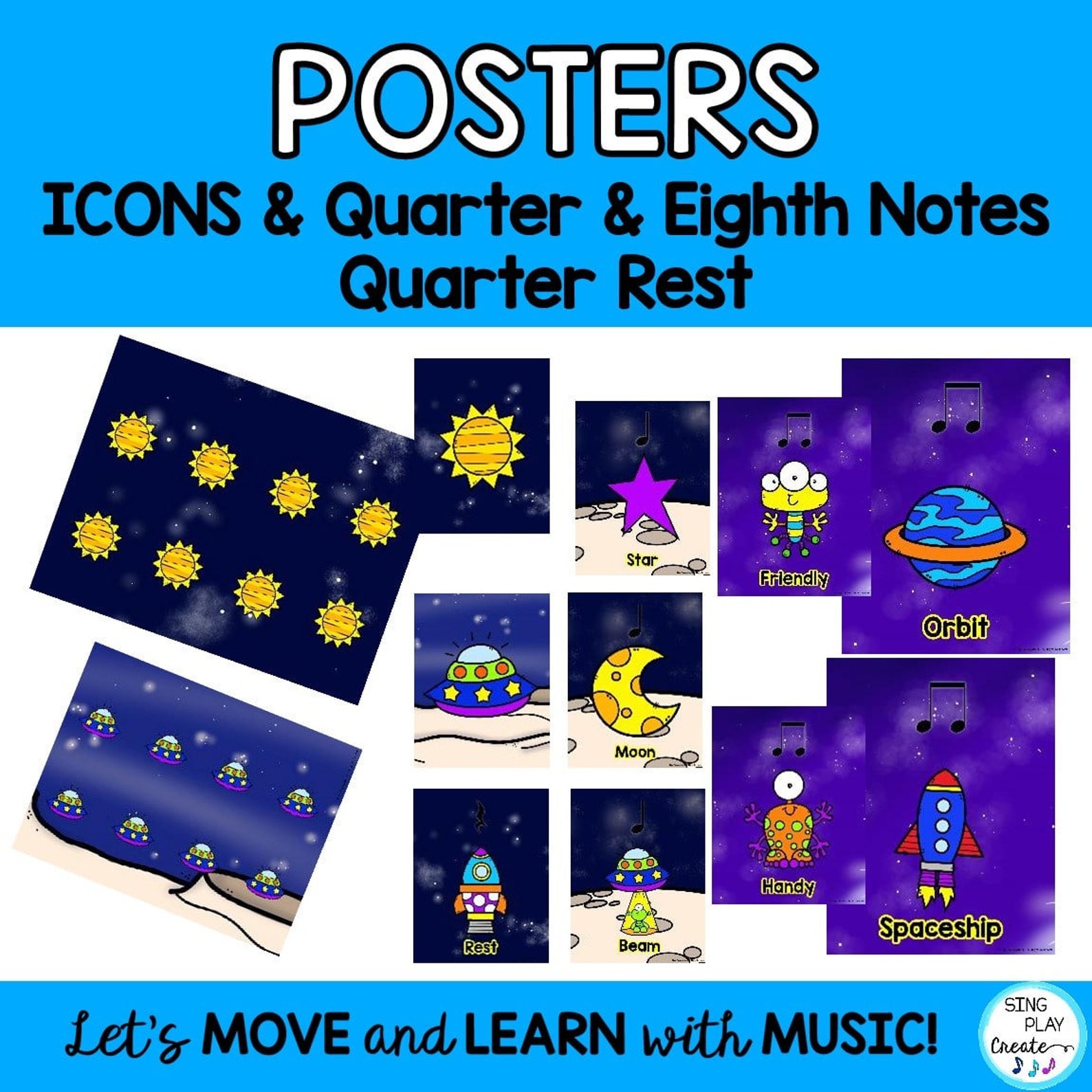 Music Steady Beat and Rhythm Charts, Cards, Activities L1: Space Theme ...