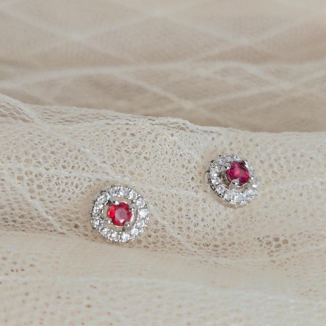 CZ Halo Natural Songea Ruby Small Earstuds 925 Sterling Silver Studs ...