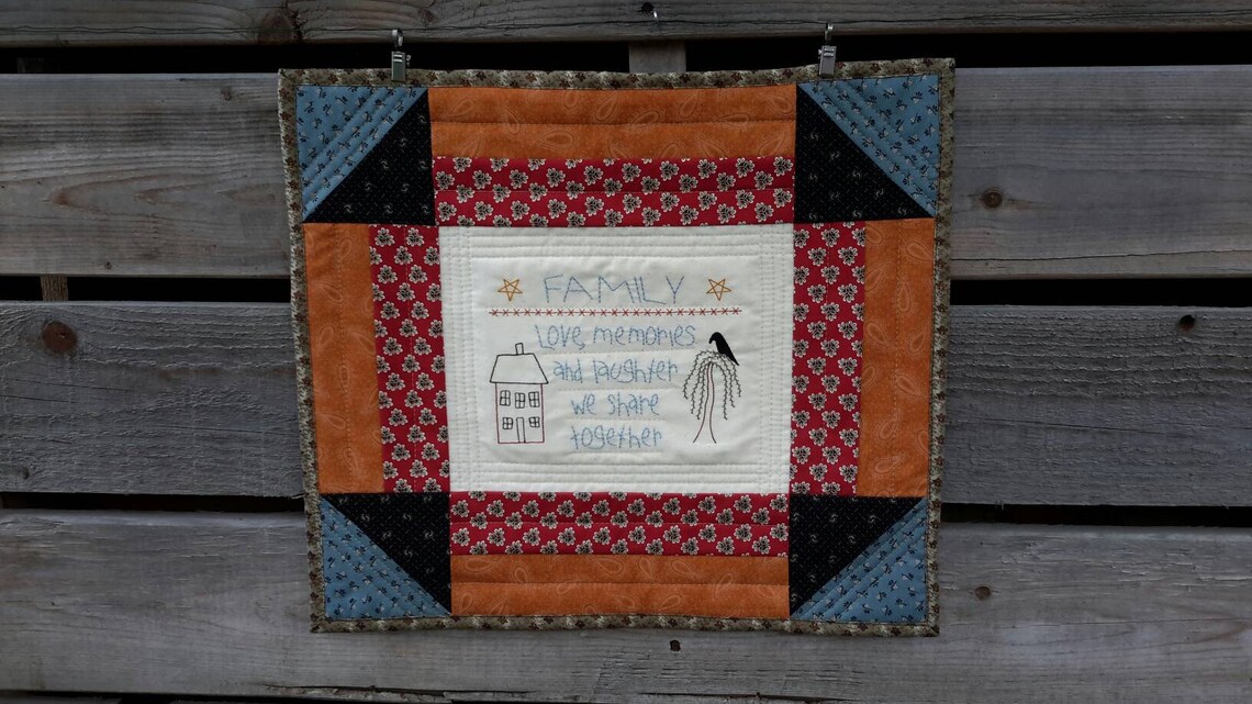 Primitive Patchwork Small Quilt, family Machine Embroidered, Door Quilt ...
