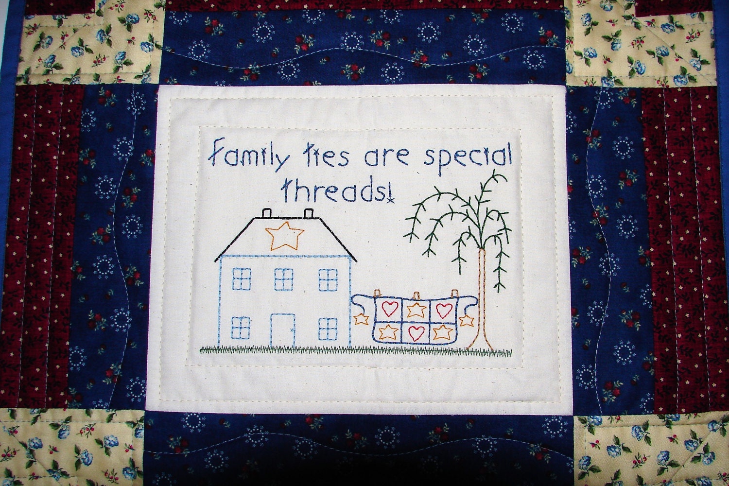 Primitive Patchwork Small Quilt,family Ties, Machine Embroidered, Door ...