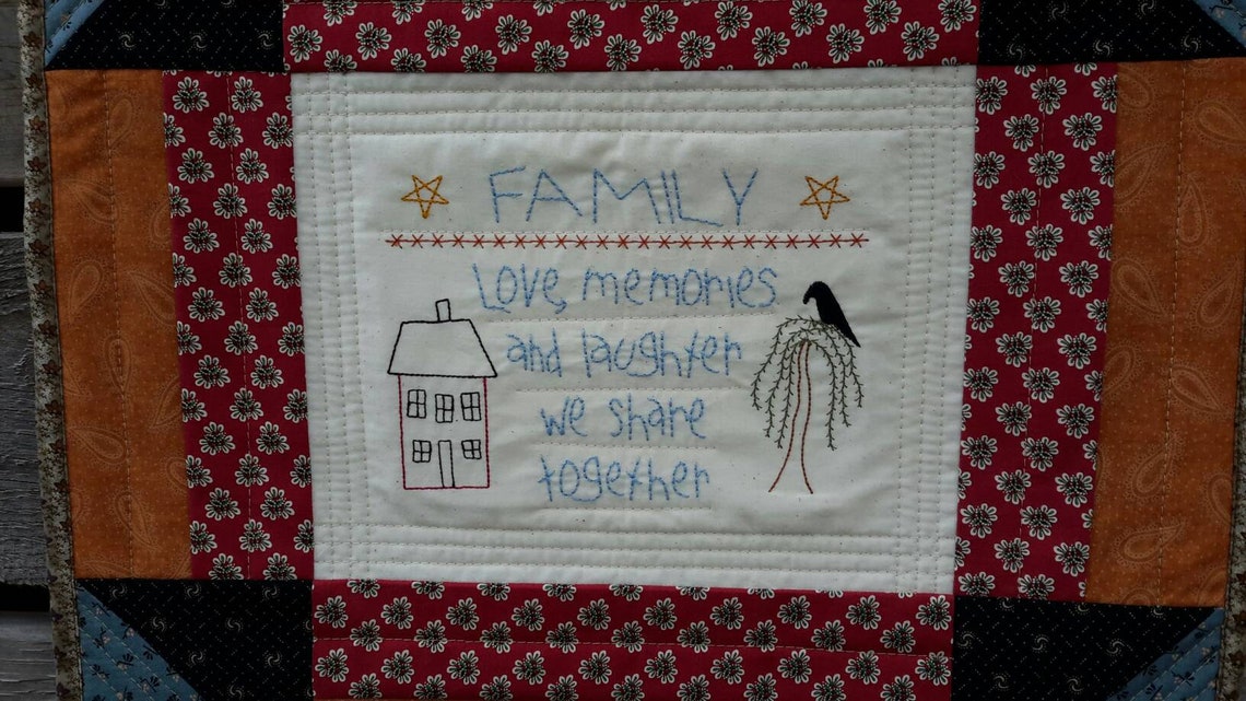 Primitive Patchwork Small Quilt, family Machine Embroidered, Door Quilt ...