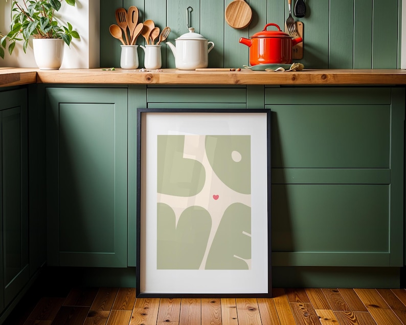Sage Green Colour Love Heart Print Kitchen Wall Art Poster Home Decor ...