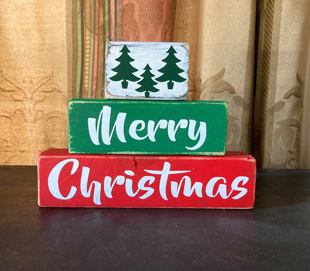 Wood Merry Christmas Block Sign: Tiered Shelf Sitter Decor - Etsy