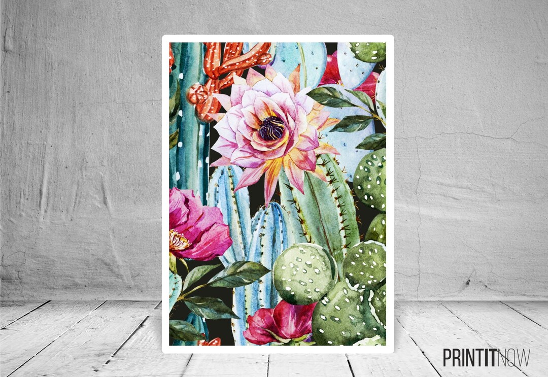 Watercolor Flowers and Cactus Print, Nursery Decor Wall Art, Large ...