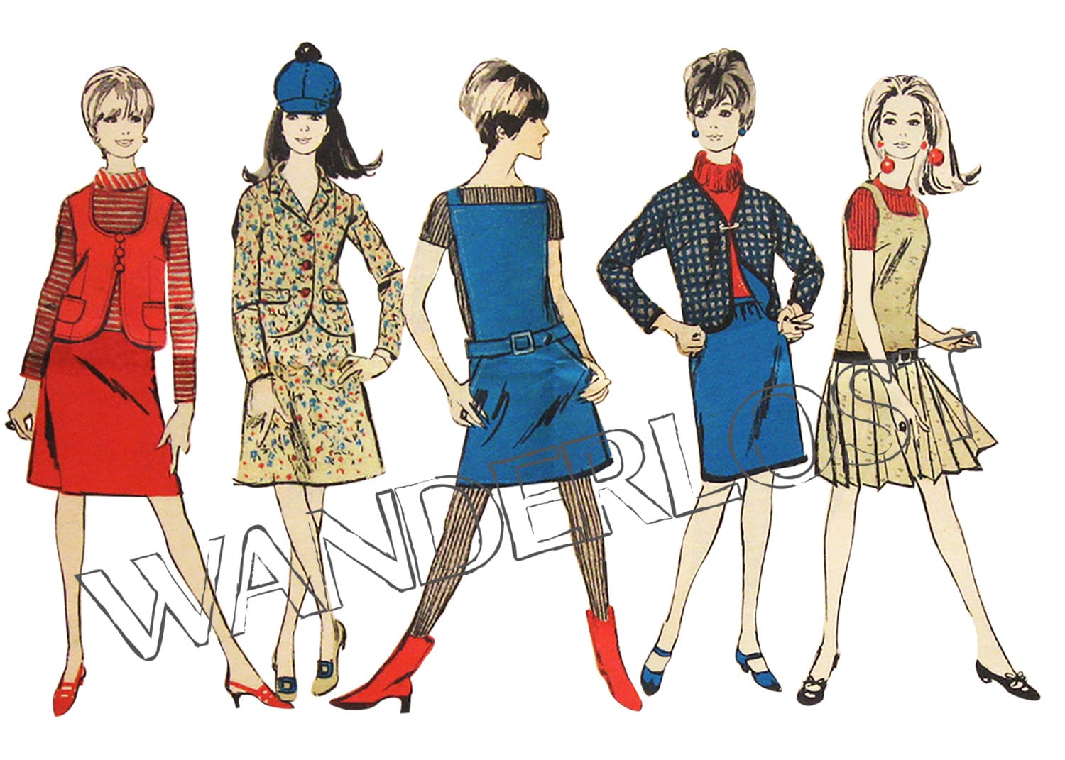 Clip Art 1960's Mod Girls Illustration Dress Pattern Fashion Design ...