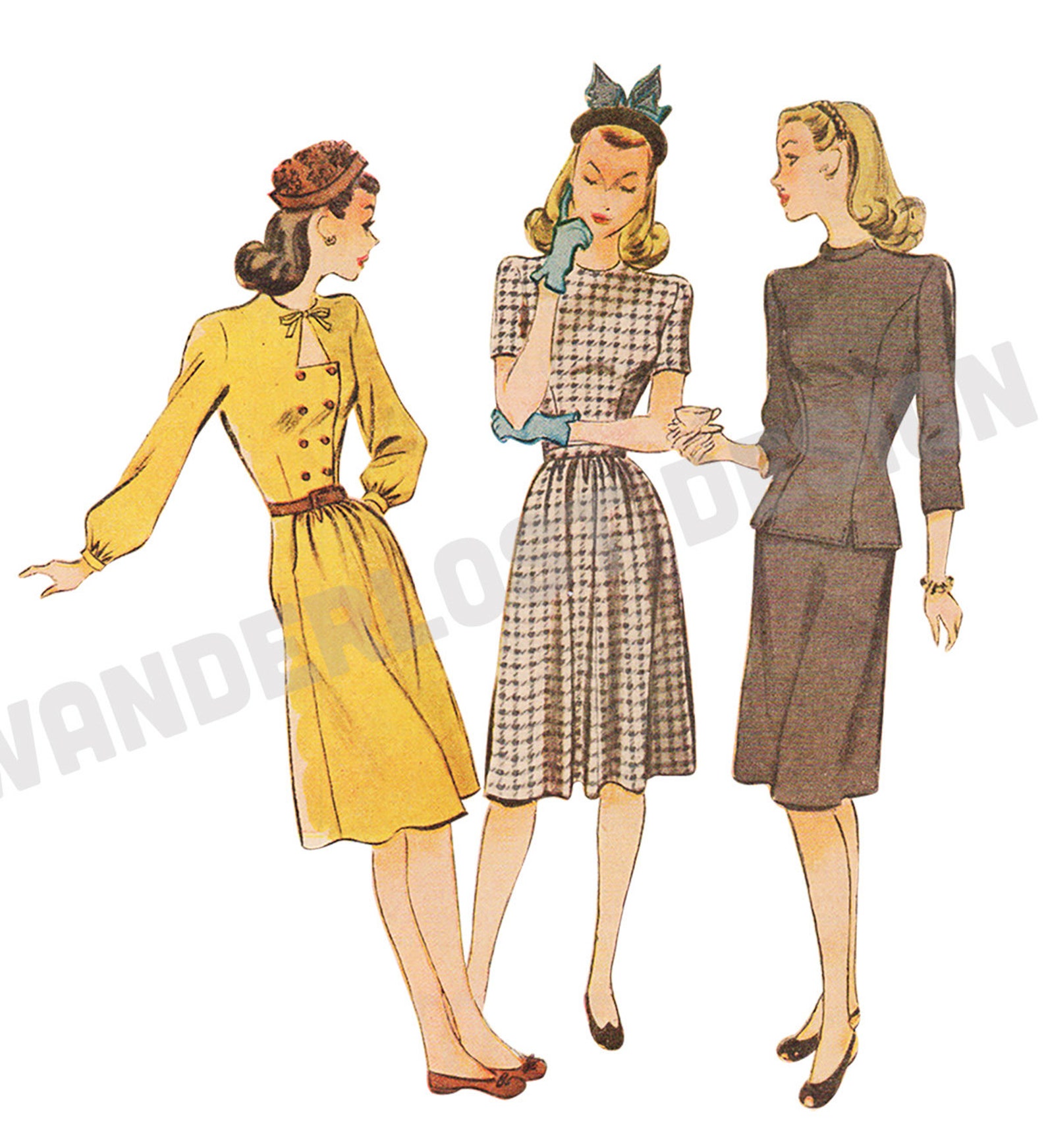 1940's Women Fashion Illustrations- Clip Art Transparent Background ...