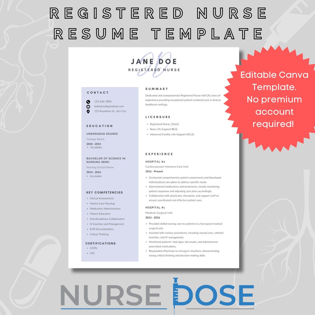 Nurse Resume Template Registered Nurse BSN Resume Canva Template ...