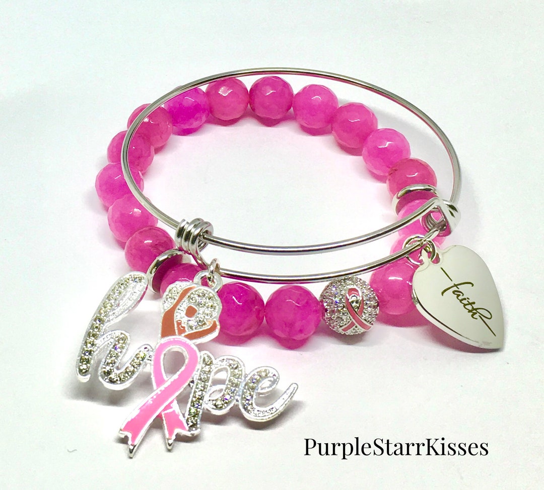 Pink Ribbon Bracelet: Breast Cancer Awareness Beaded Bangle (7.5 Inch ...