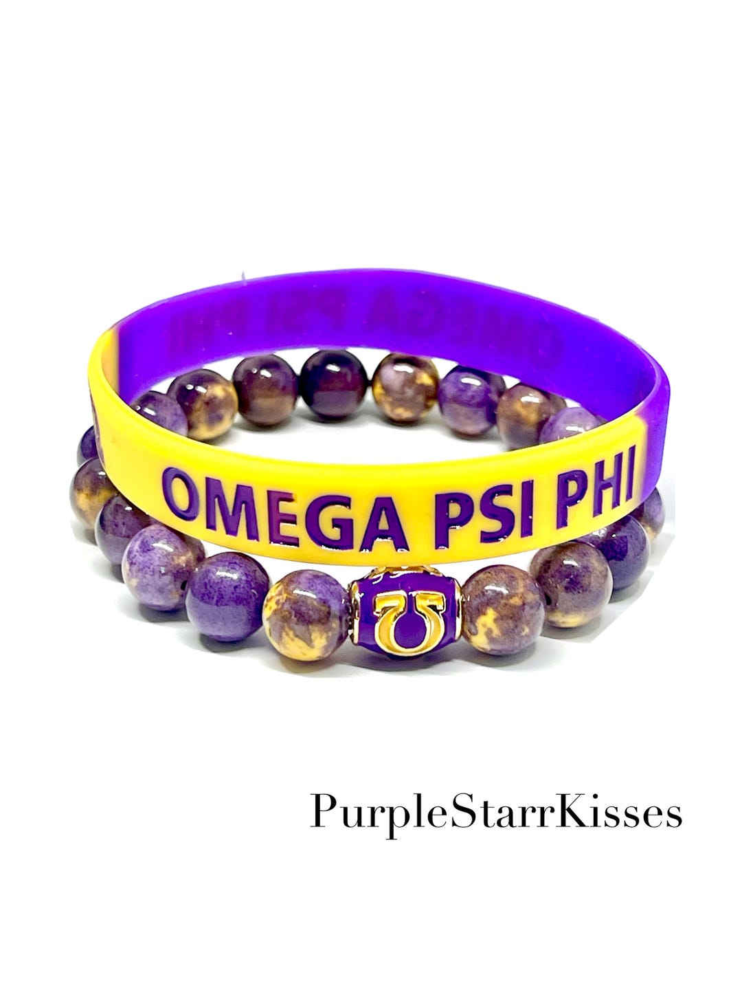 Omega Psi Phi Fraternity Bracelet Set- Purple Beads Gold Beads - Charm ...