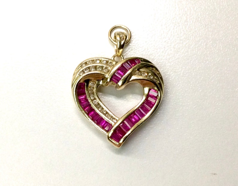 Vintage 14k Yellow Gold 2.25 Carat Ruby Channel Set Open Heart Necklace ...