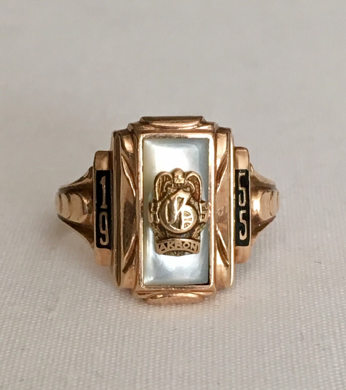 Vintage 10k Gold Akron Ohio TerryBerry Designed 1955 Ladies Class Ring Featuring Mother Of Pearl Inlaid Face