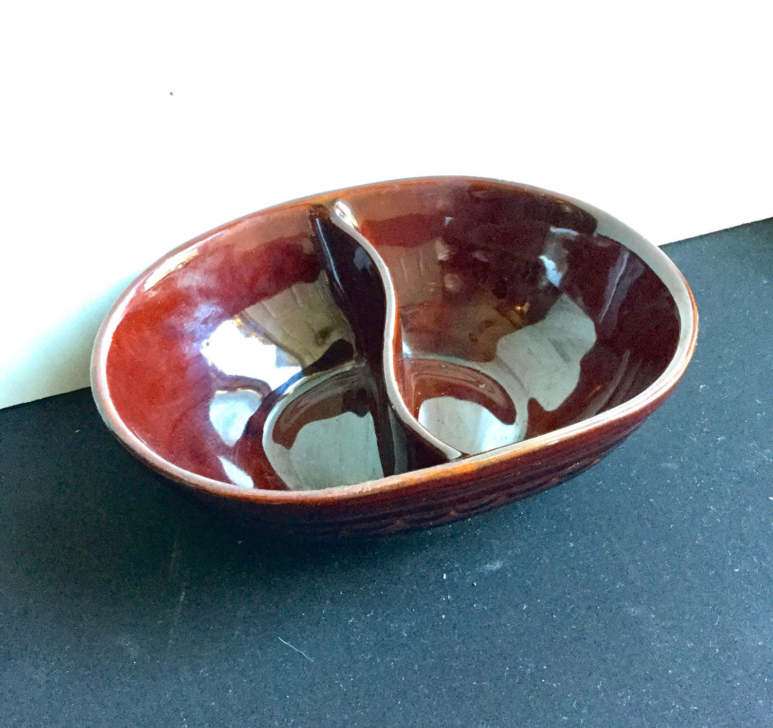 Vintage Maroon Fire Glazed Stoneware Divided Centerpiece Nut Bowl Tray ...