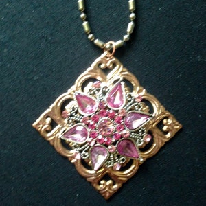 Vintage Rose Pink Rhinestone Designer Gold & Silver Tone Pendant ...