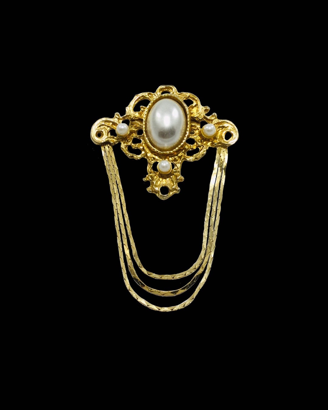 Vintage Ladies Gold Tone Victorian Filigree Inspired Pearl Cabochon ...