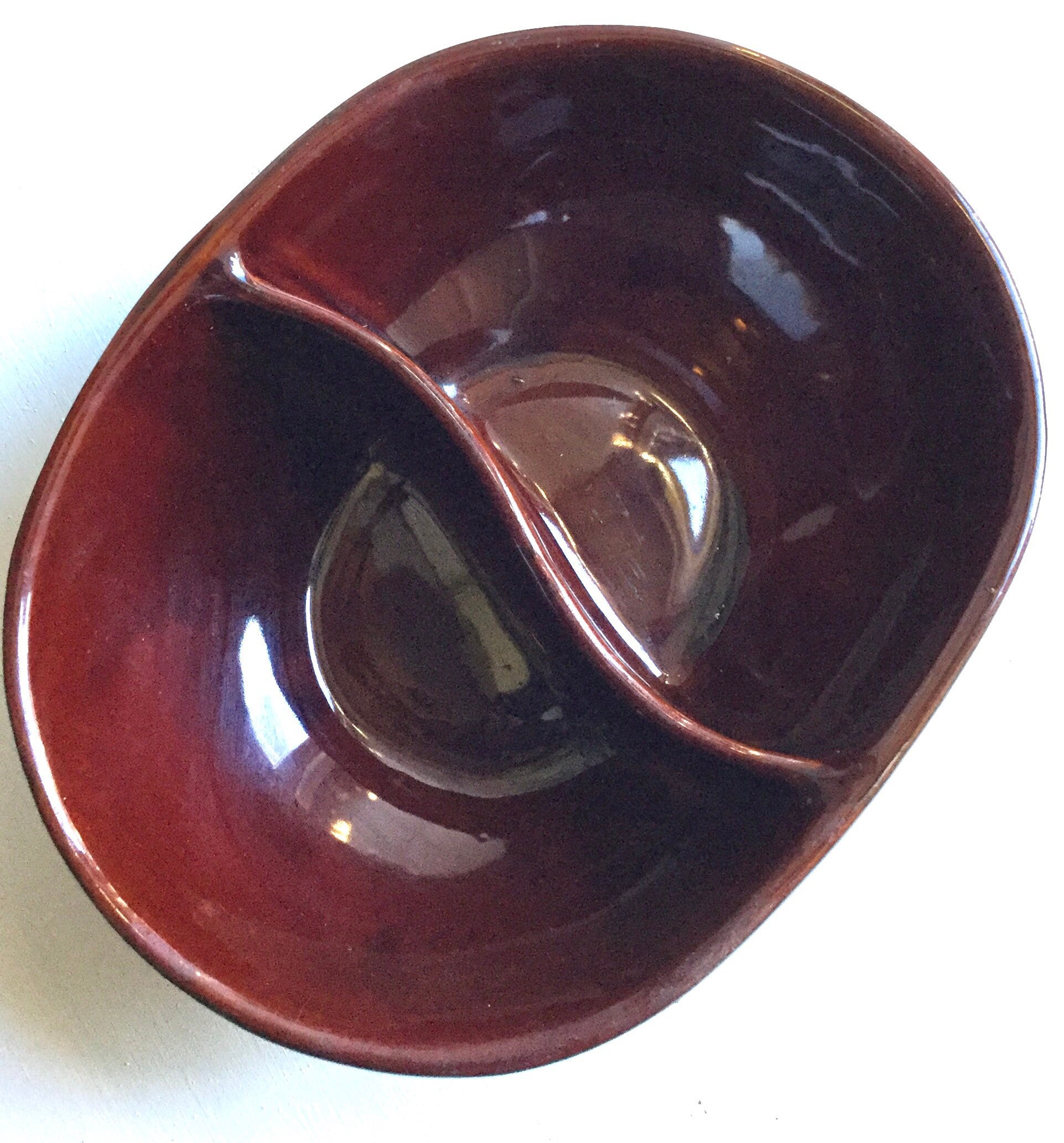 Vintage Maroon Fire Glazed Stoneware Divided Centerpiece Nut Bowl Tray ...