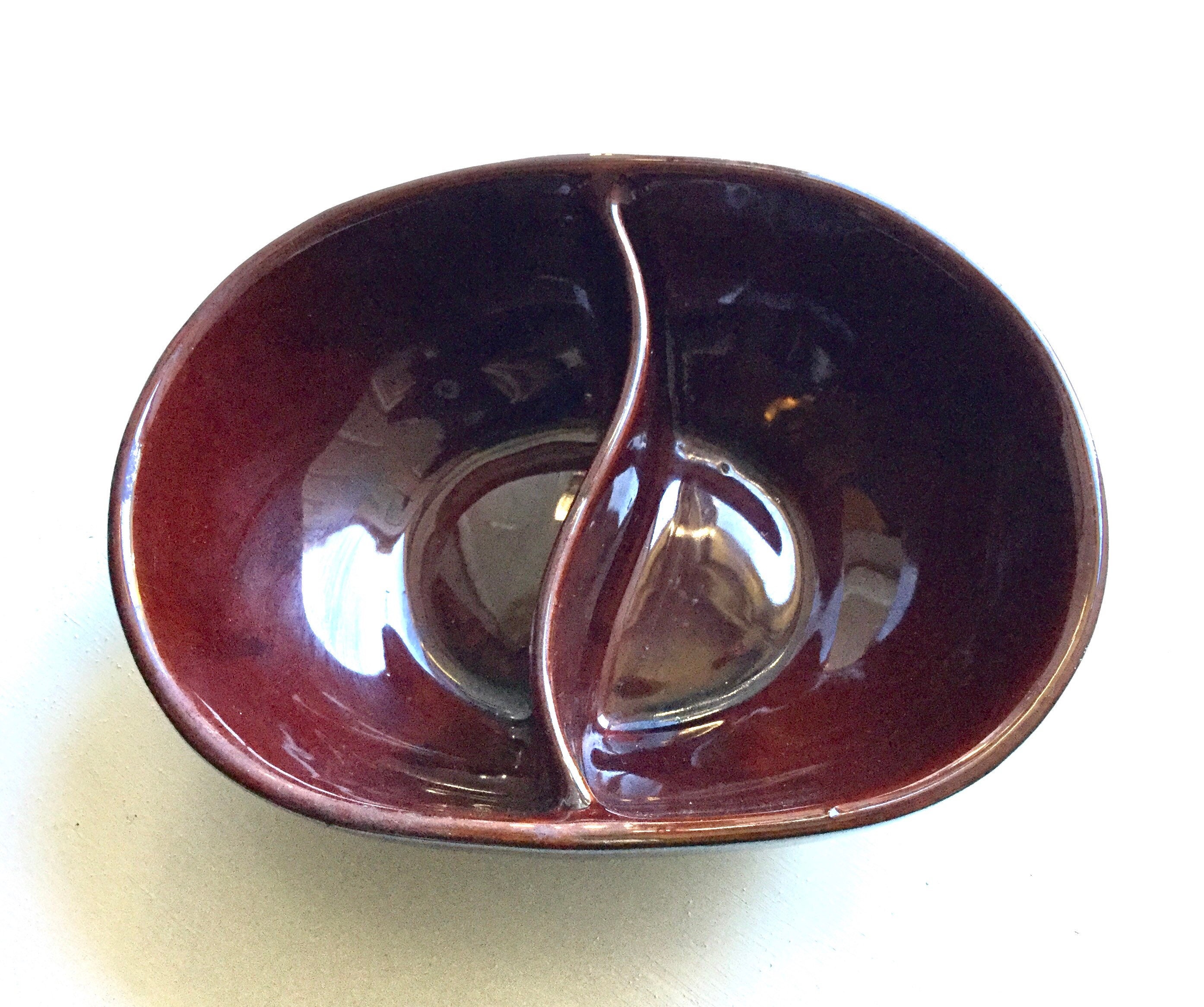 Vintage Maroon Fire Glazed Stoneware Divided Centerpiece Nut Bowl Tray ...