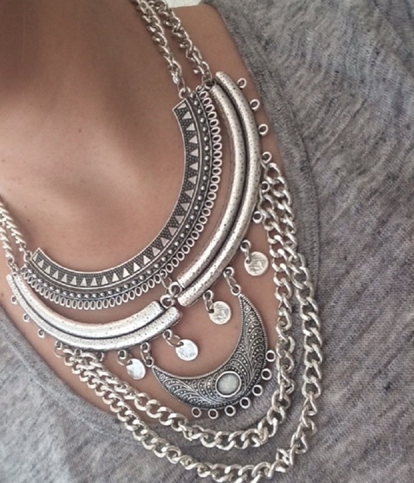 Boho Silver Necklace/silver Statement Necklace/ethnic - Etsy