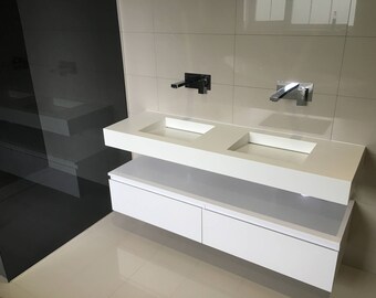 Contemporary Single Corian Vanity With Hidden Waste in Limestone Prima ...