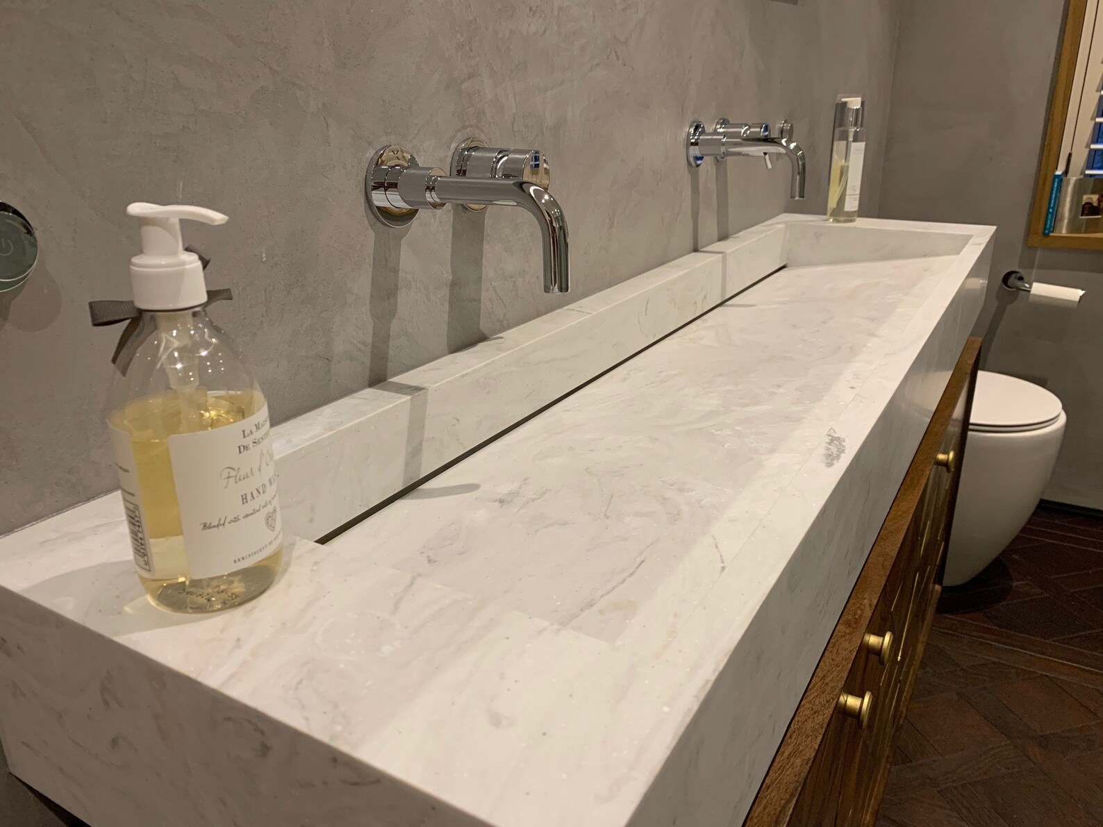 Contemporary Single Corian Vanity With Hidden Waste in Limestone Prima ...
