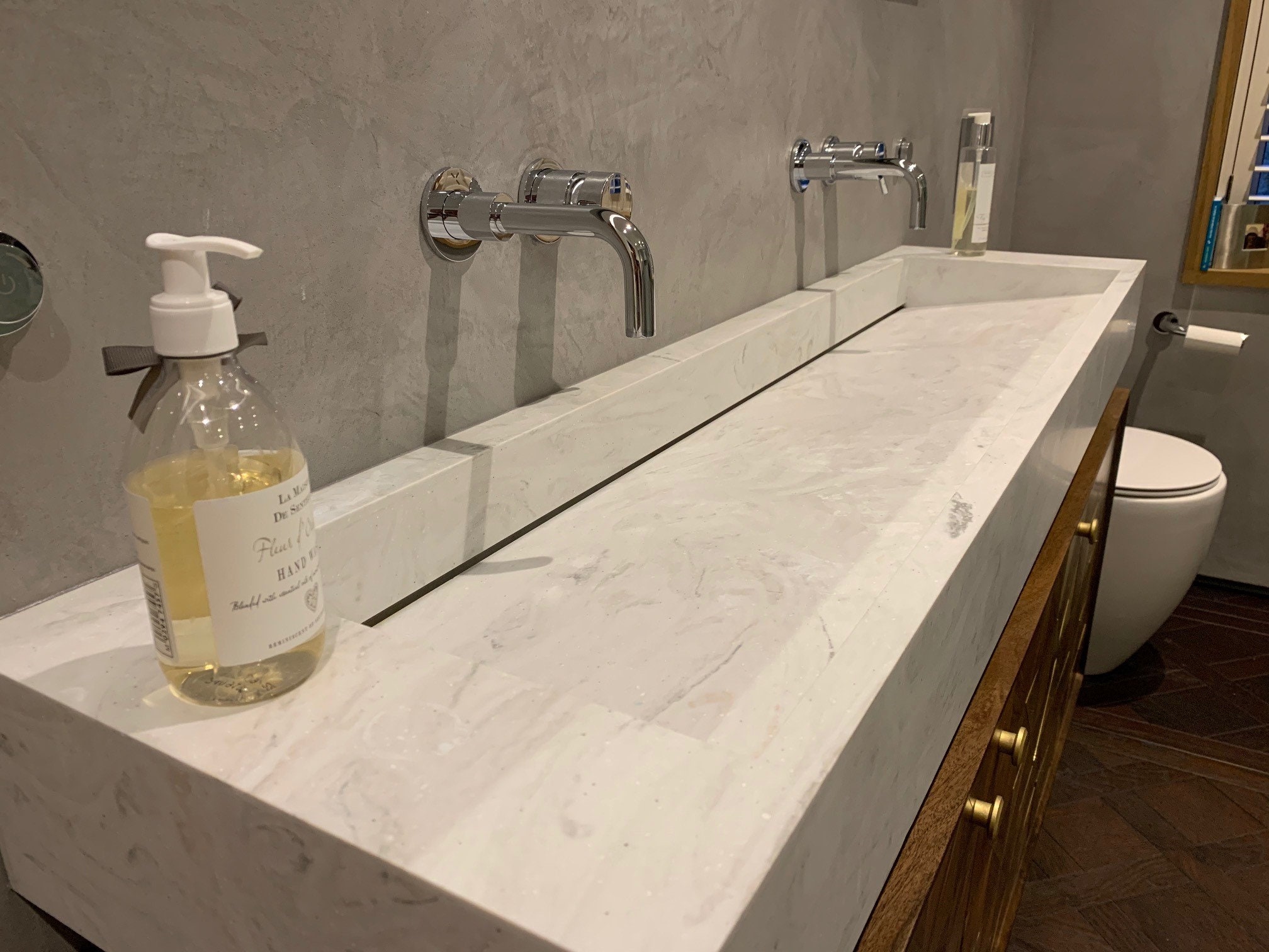 Contemporary Single Corian Vanity With Hidden Waste in Limestone Prima ...